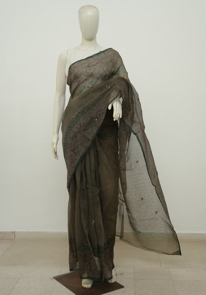 Greenish Grey Block Printed Supernet Kota saree With Mirror and Badla Work|Desically Ethnic
