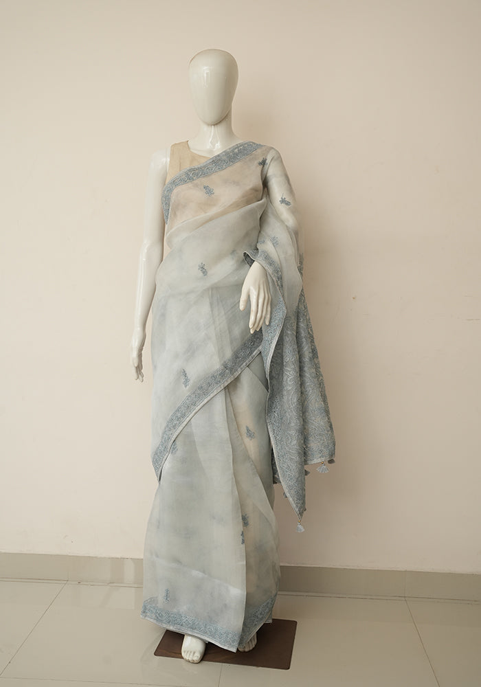Grey Organza Saree with Chikankari Work|Desically Ethnic