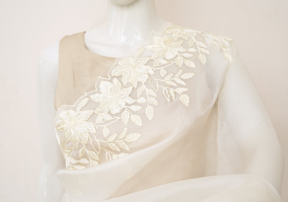 Off White Organza Saree with Embroidered Border|Desically Ethnic