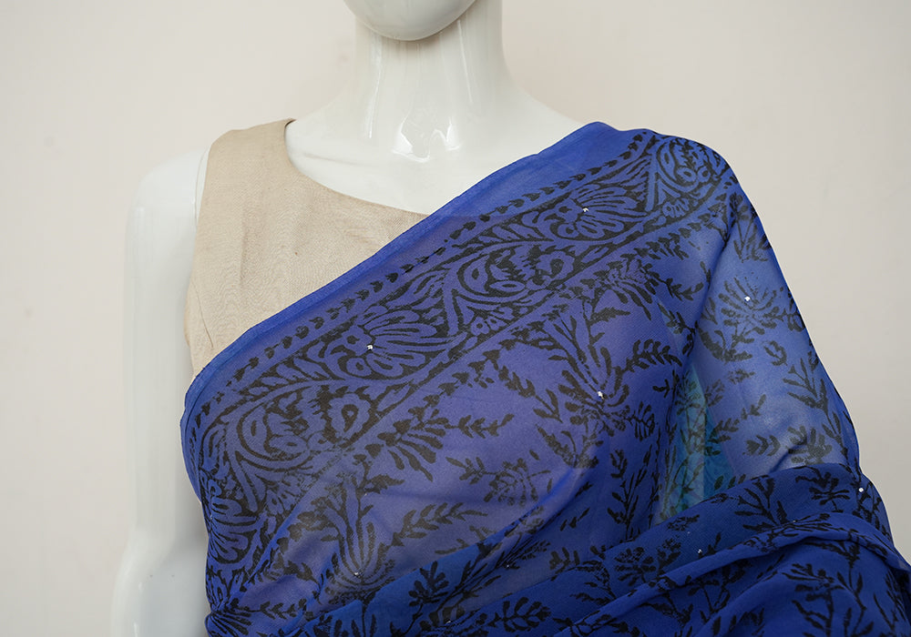 Dark Blue and Sea Green Georgette Saree with Badla Work|Desically Ethnic