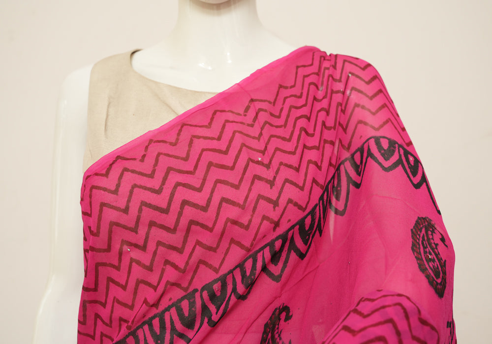 Rani Pink Block Printed Georgette Saree with Badla Work|Desically Ethnic