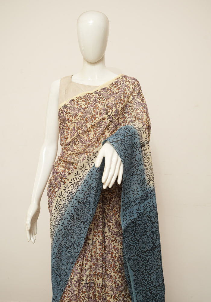 Light Yellow and Teal Blue Block Printed Georgette Saree with Badla ...
