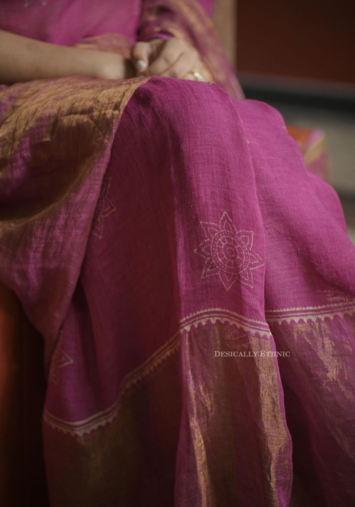 Rani Pink Block Printed Linen Saree with Flower Motifs - Desically Ethnic